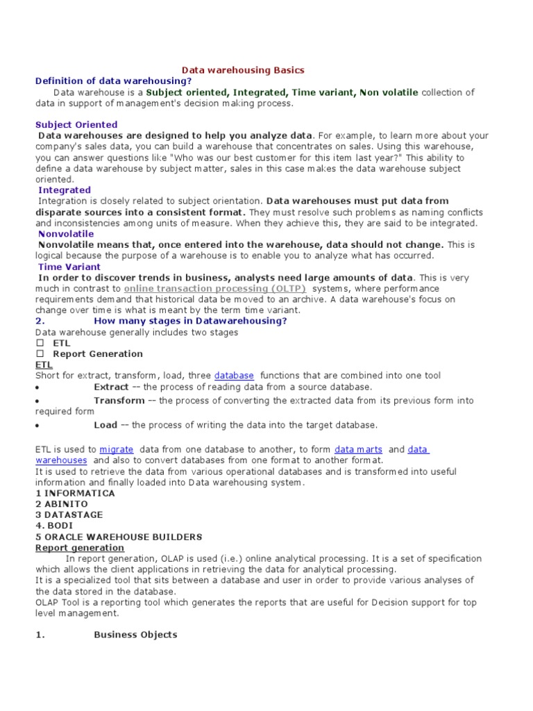 Data Warehousing Basics | PDF | Data Warehouse | Relational Database