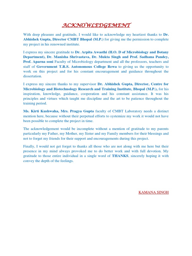 Acknowledgement for College Project | PDF | Wellness