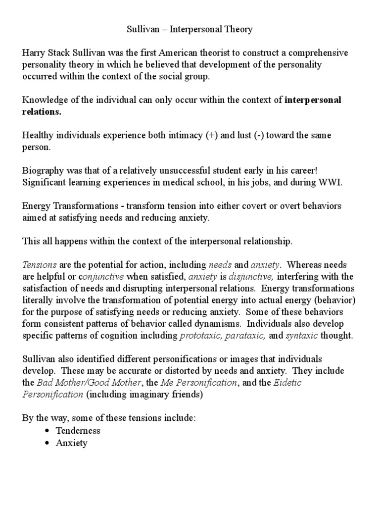 Sullivan - Interpersonal Theory | PDF | Interpersonal Relationships ...