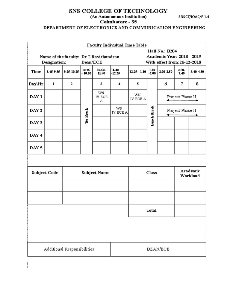 SNS College ECE Timetable for Dean Ravichandran | PDF | Electronic ...