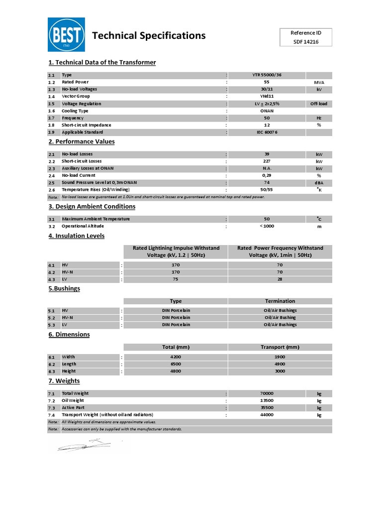 Technical Specifications: 1. Technical Data of The Transformer | PDF ...