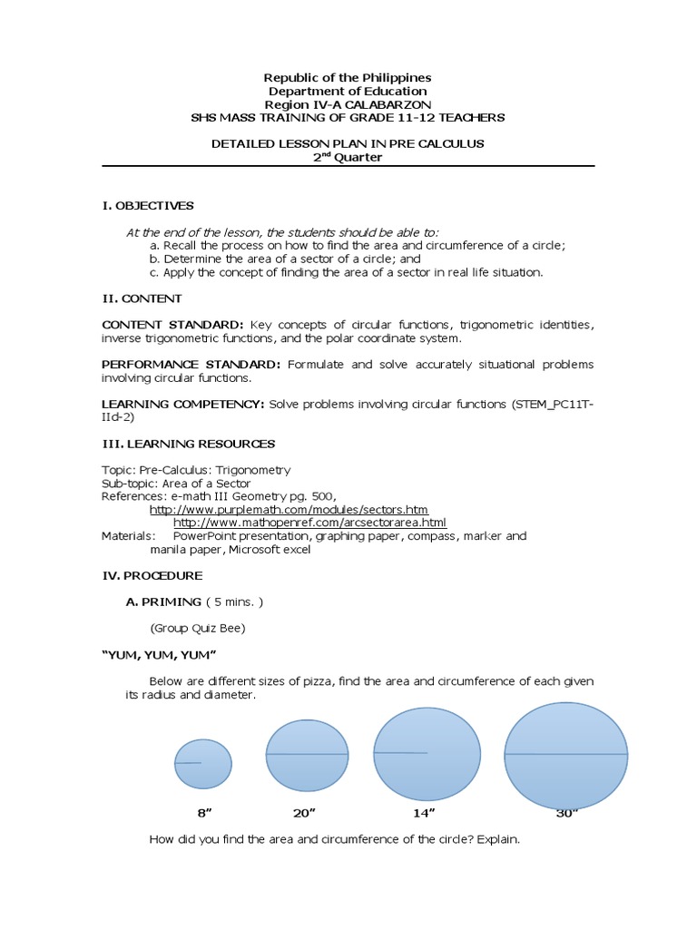 Pre-Calculus Lesson Plan: Area of a Circle | PDF | Area | Trigonometric ...