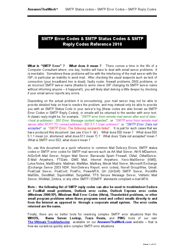 Network 3-SMTP Server Status Codes and SMTP Error Codes | PDF ...