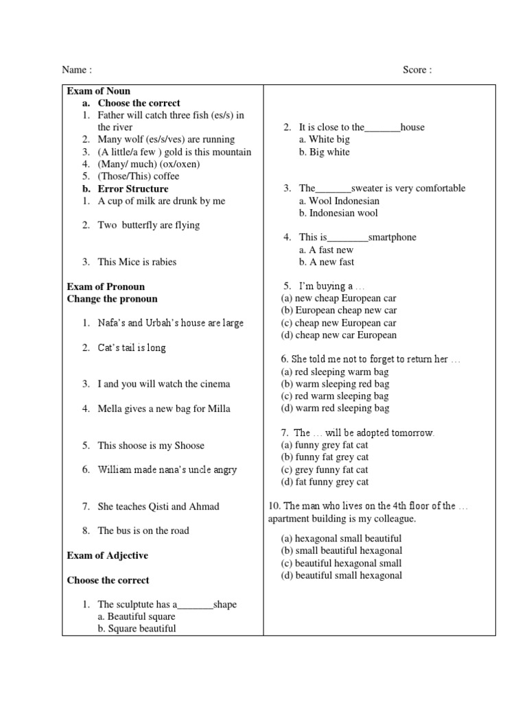 Analysis of Parts of Speech in English Grammar: An Exam Testing Nouns ...