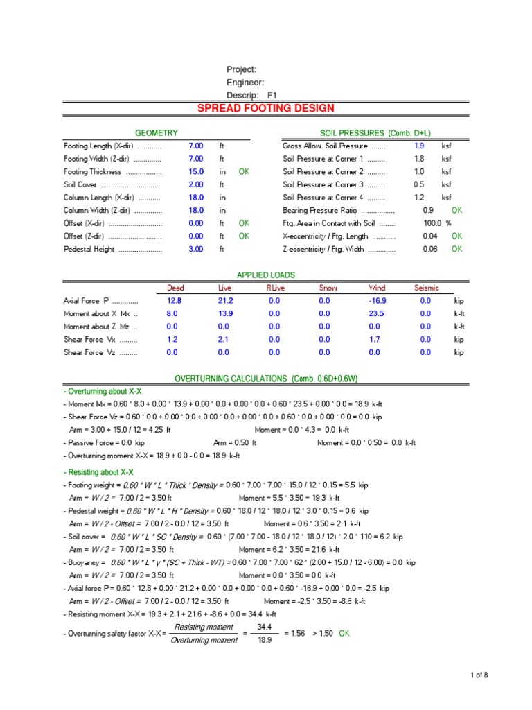 Spread Footing Design: Project: Engineer: Descrip: F1 | PDF