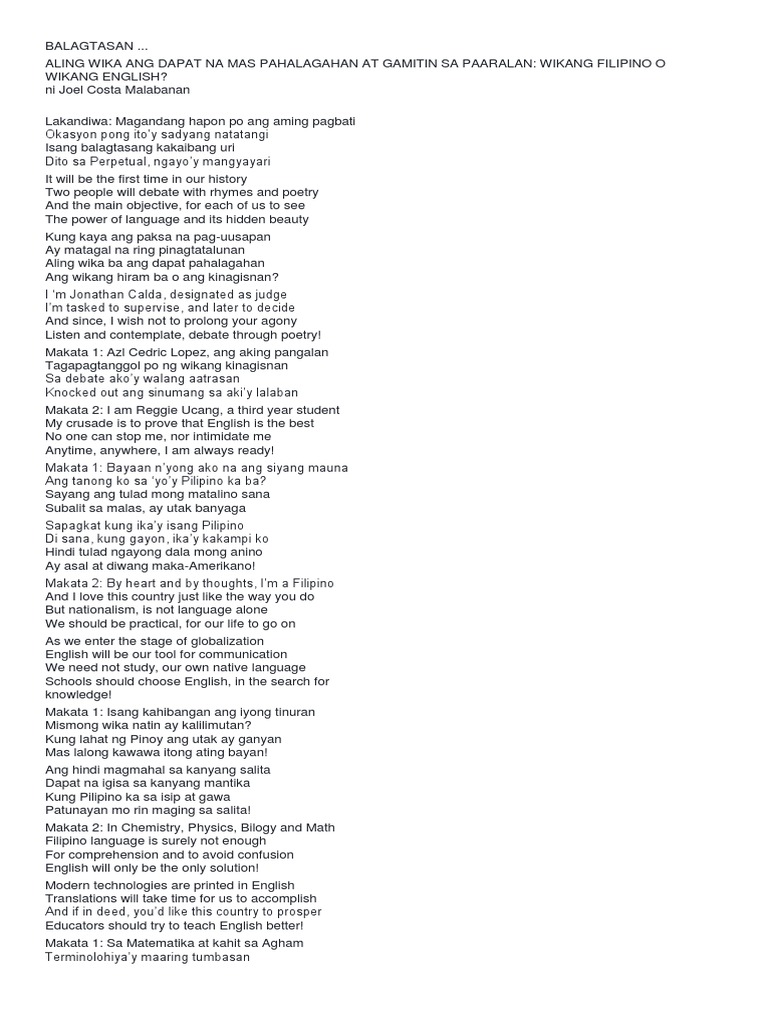 Balagtasan explores importance of Filipino vs English | PDF