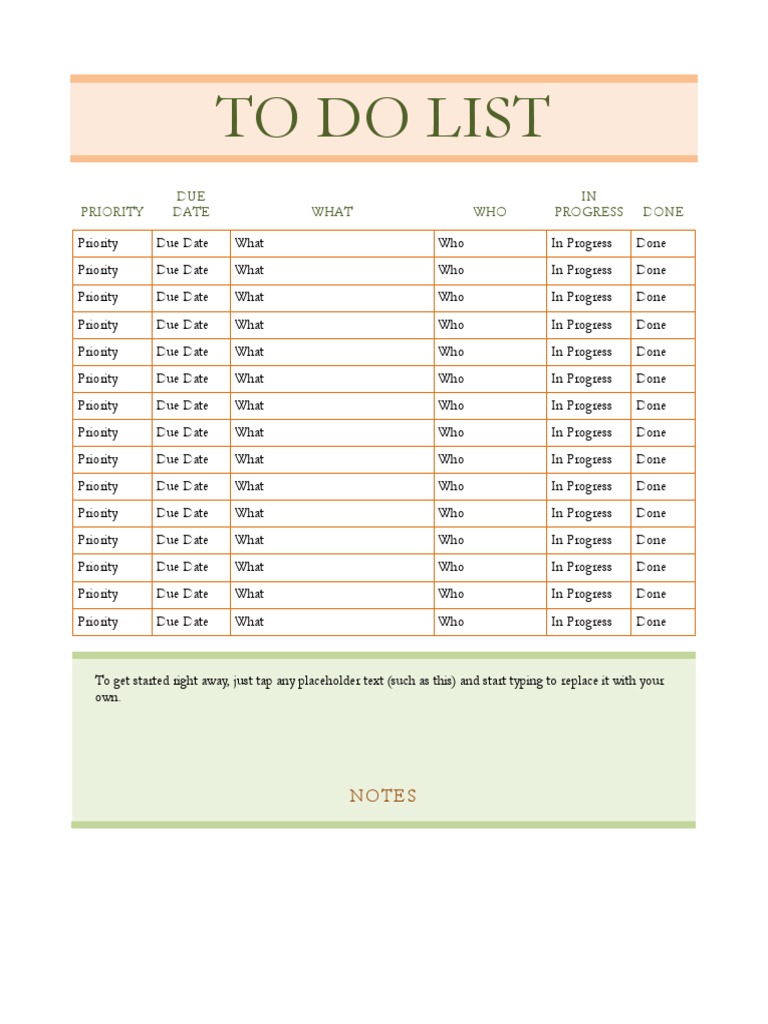 To Do List: Priority DUE Date What WHO IN Progress Done | PDF