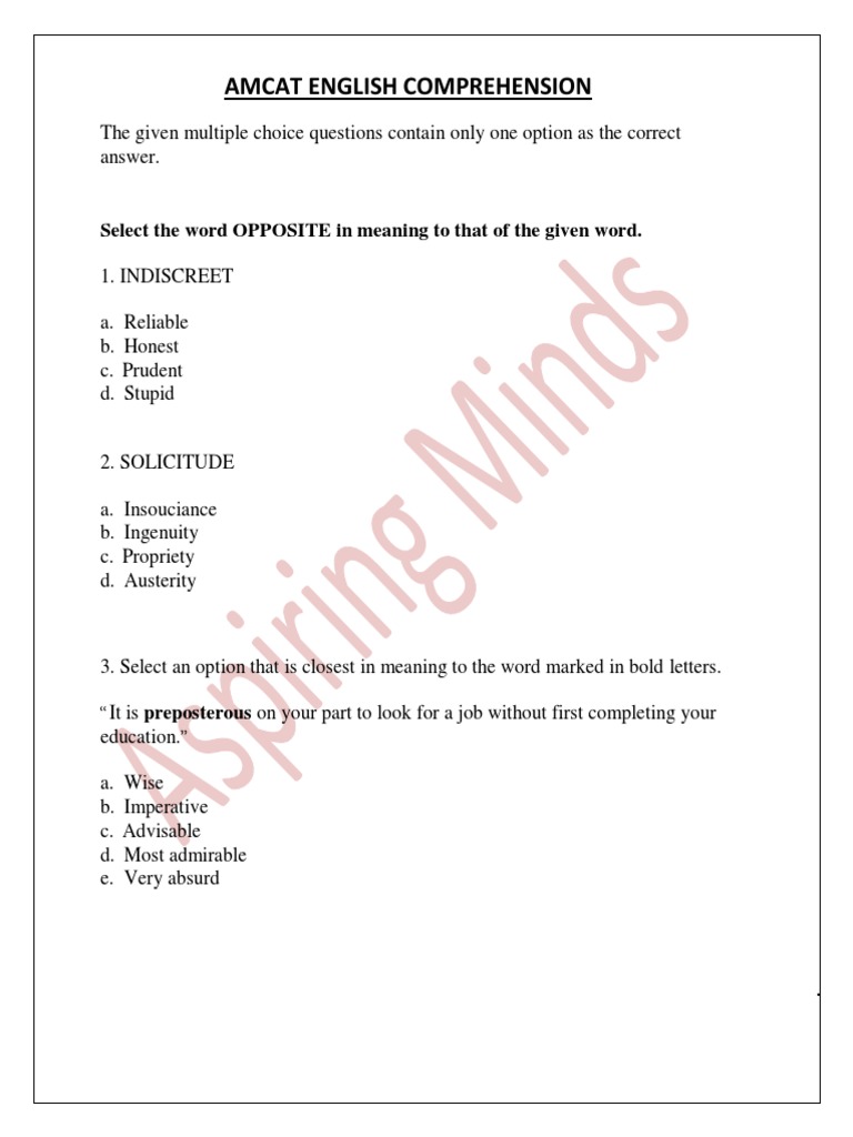 1.1 Sample Question - AMCAT ENGLISH COMPREHENSION PDF | PDF ...