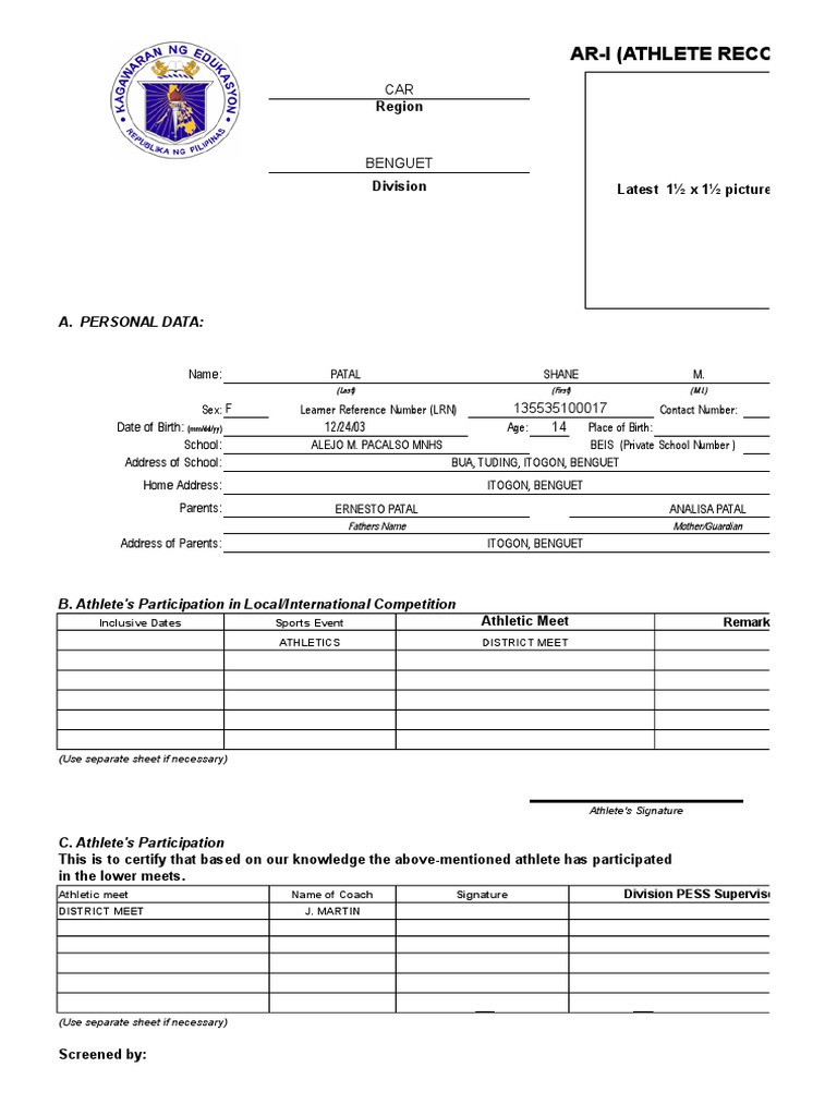 Ar-I (Athlete Record) : Region | PDF
