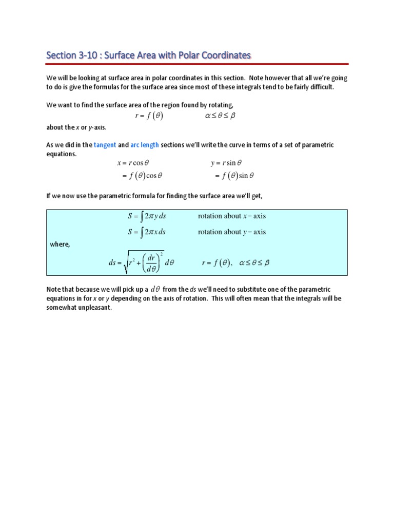 Section 3-10: Surface Area With Polar Coordinates: Tangent Arc Length | PDF