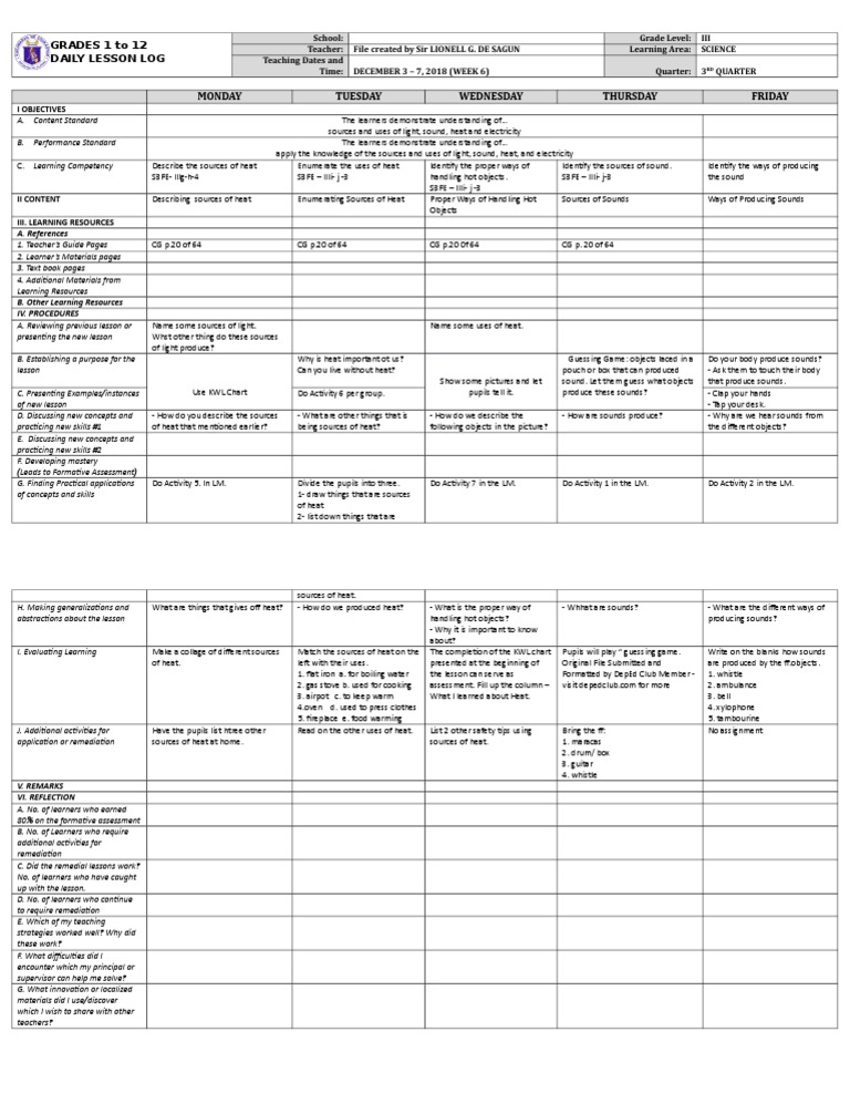DLL - Science 3 - Q3 - W6 | PDF | Learning | Teachers
