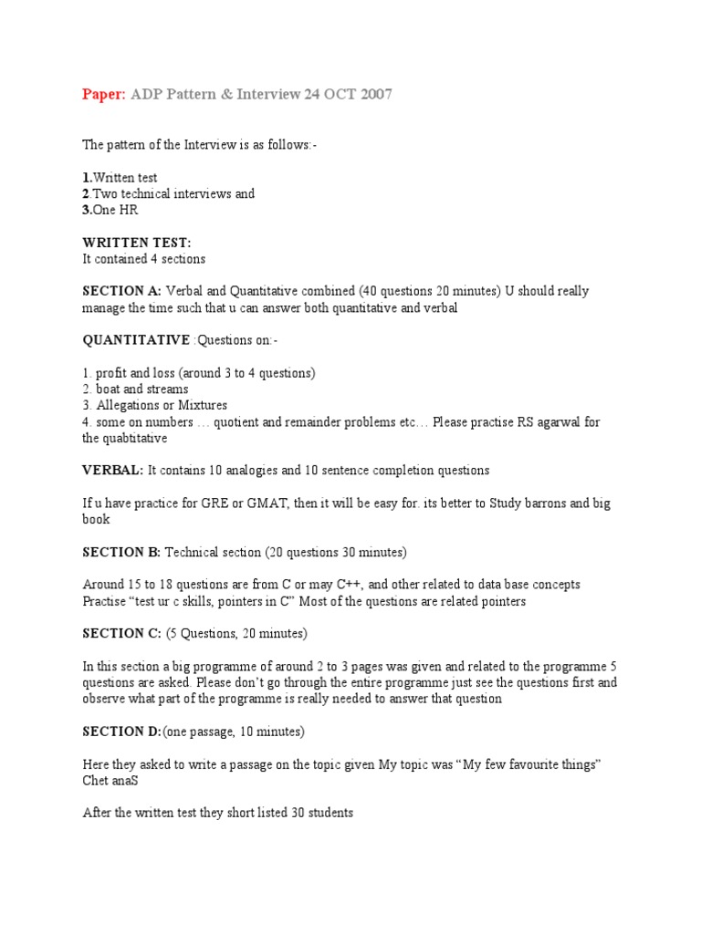 ADP Pattern & Interview 24 OCT 2007: Paper | PDF | Graduate Record ...