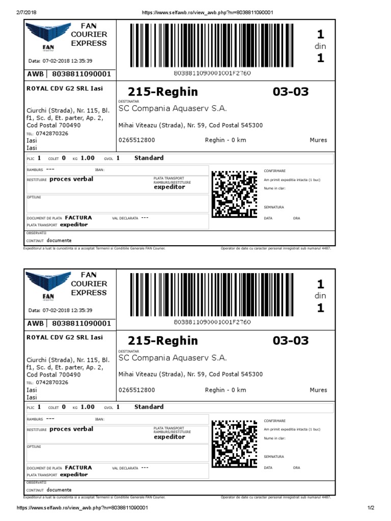 Fan Courier tracking for AWB 8038811090001 | PDF