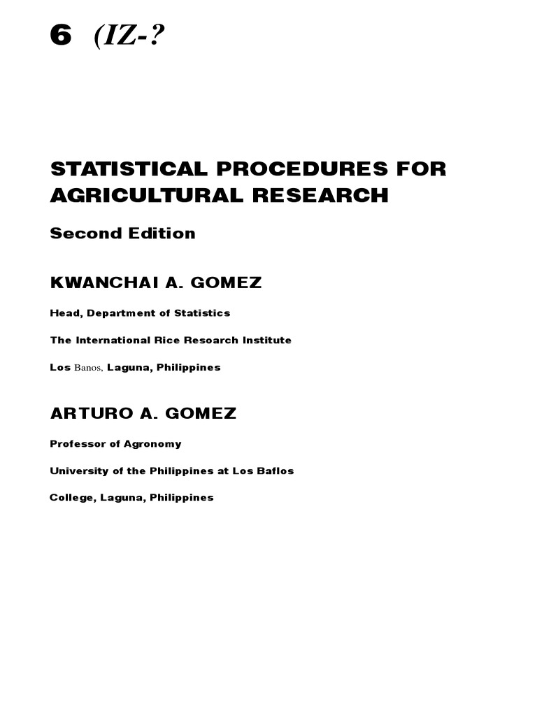 Statistical Procedures For Agricultural Research: Second Edition Kwanchai A. Gomez | PDF