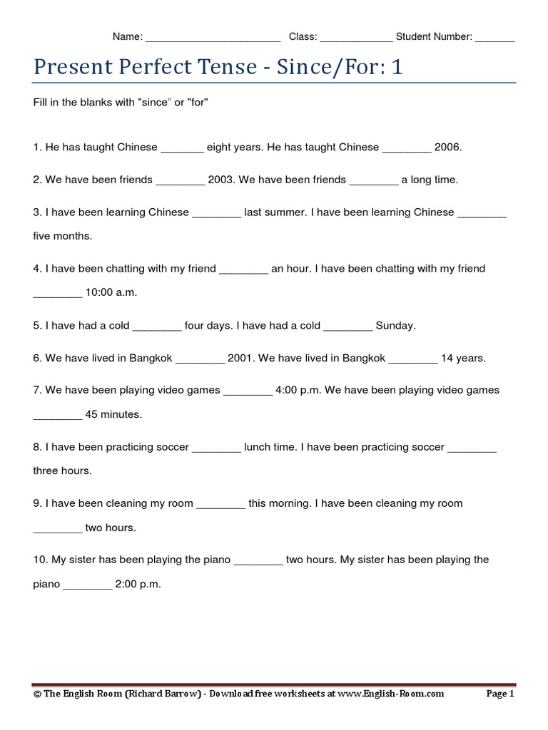 Present Perfect Tense - Since/For: 1: Name: - Class: - Student Number | PDF
