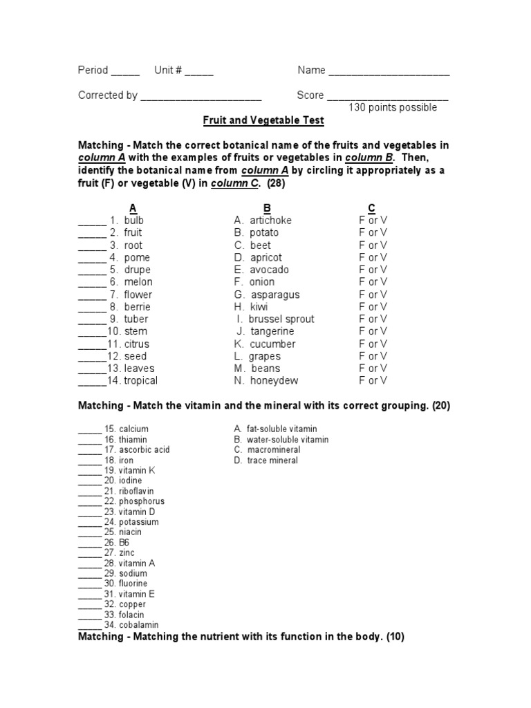 Fruits Vegetables Test | PDF | Vegetables | Fluorine