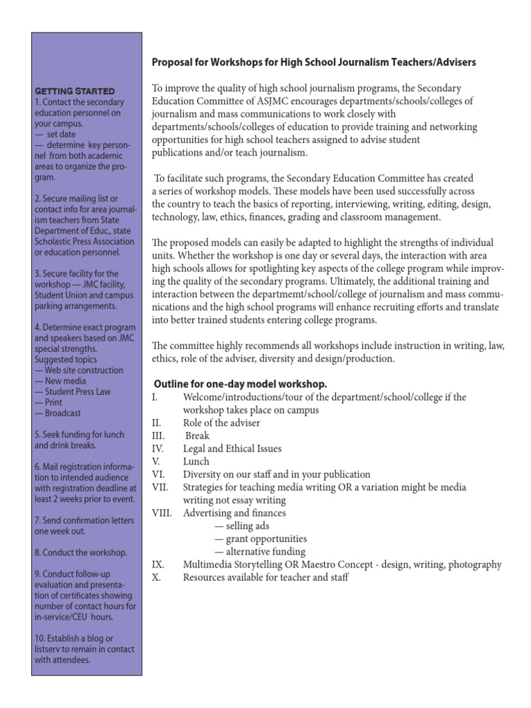Proposal For Workshops For High School Journalism Teachers/Advisers ...