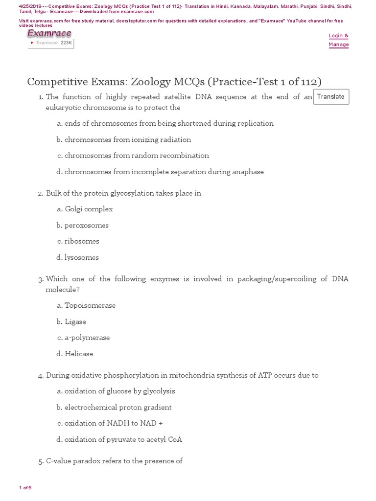 Zoology MCQs for Competitive Exams | PDF | Biosynthesis | Gene