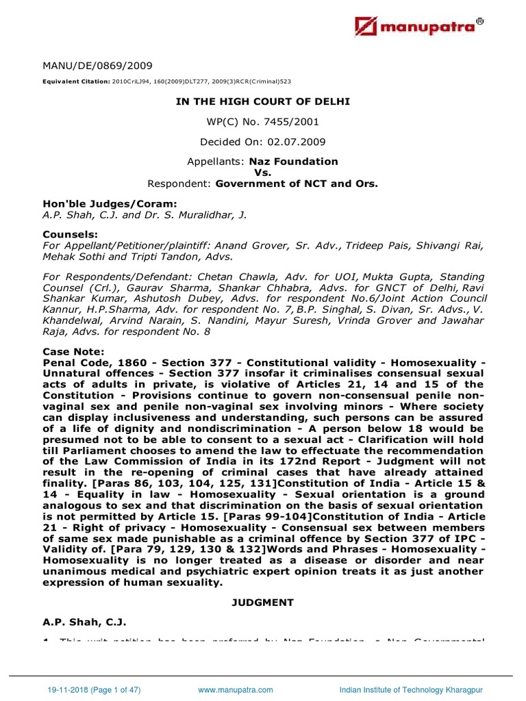 Naz Foundation Vs Govt. | PDF | Sodomy Law | Privacy