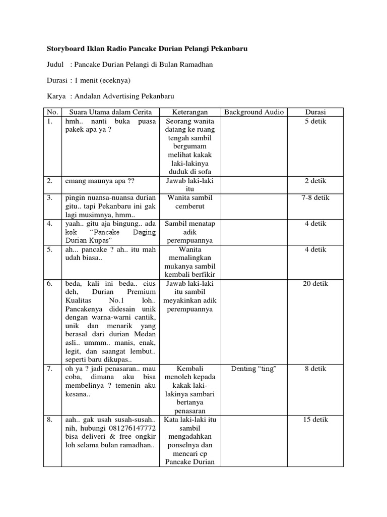 Storyboard Iklan Radio Pancake Durian Pelangi Pekanbaru | PDF