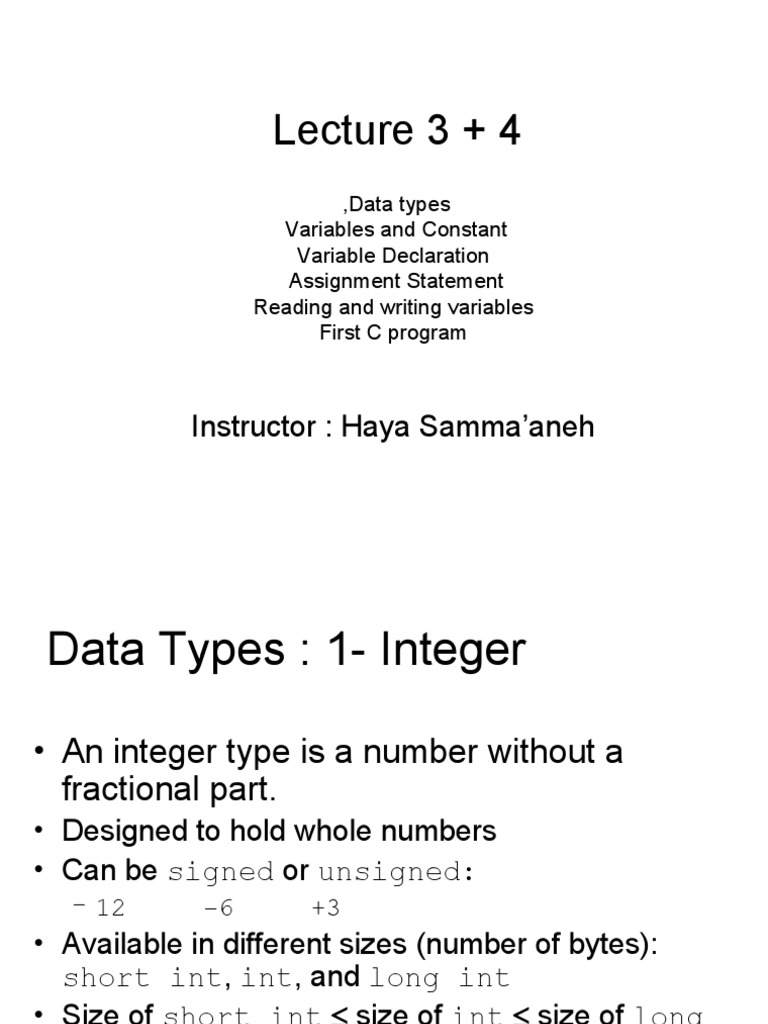 Lecture 3+4 Data Types | PDF | Integer (Computer Science) | Data Type