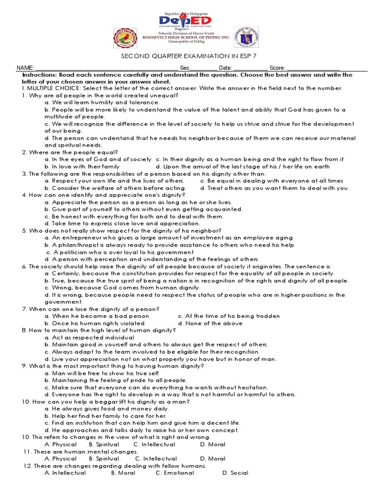Esp Test Grade 7 | PDF | Conscience | Morality