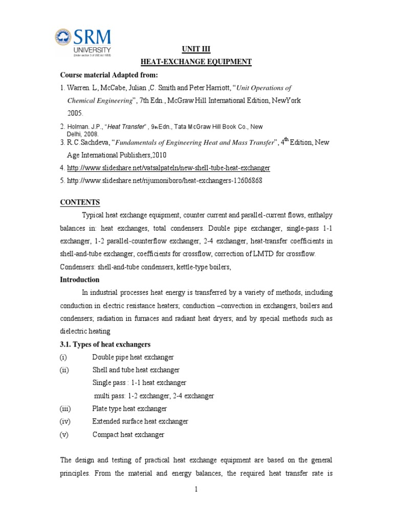Unit III Heat Exchange Equipment | PDF | Heat Exchanger | Heat Transfer