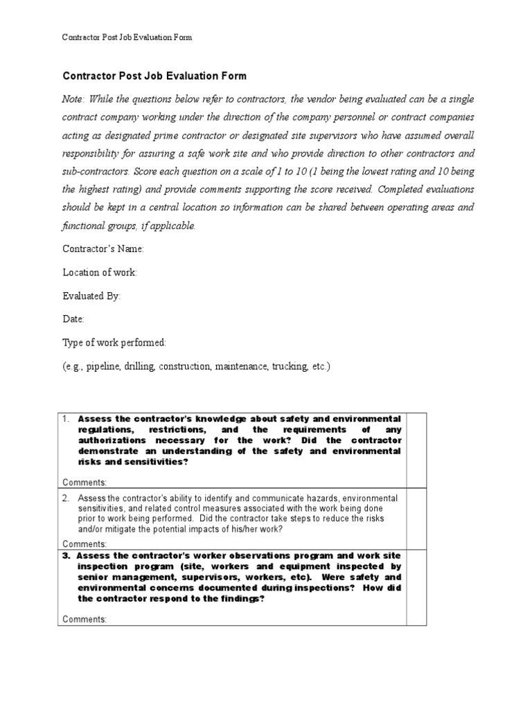 25contractor Post Job Evaluation Form | PDF | Risk | General Contractor