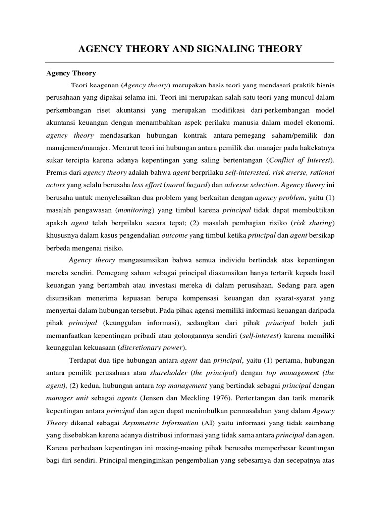 Teori Akuntansi Agency Theory and Signaling Theory | PDF