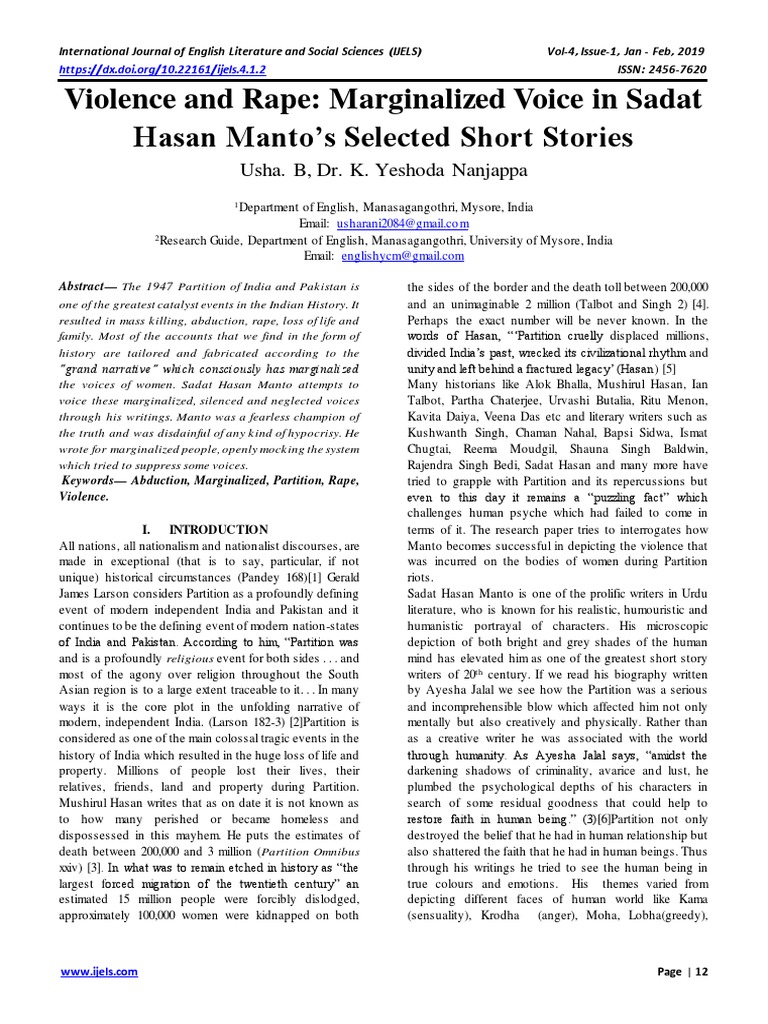 Violence and Rape: Marginalized Voice in Sadat Hasan Manto's Selected ...