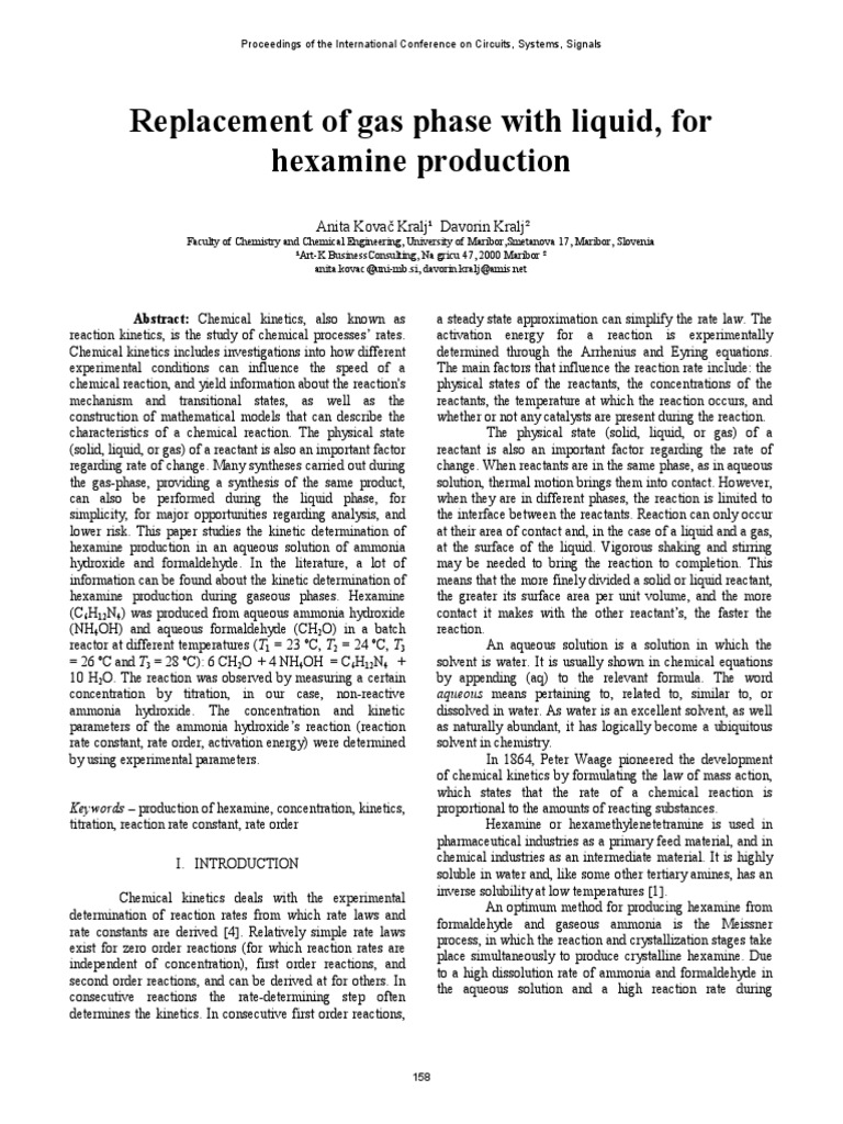Replacement of Gas Phase With Liquid Hexamine | PDF | Chemical Kinetics ...
