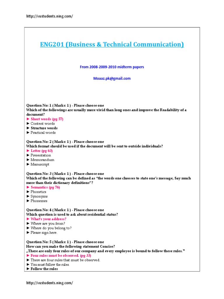 ENG201 Midterm MCQs and Answers | PDF | Word | Credibility