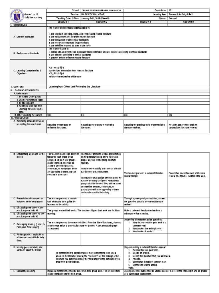 Grade 1 To 12 Daily Lesson Log Session 1 Session 2 Session 3 Session 4 ...