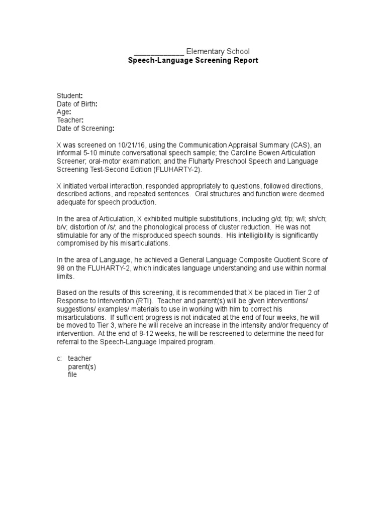Speech Screening Report Sample | PDF