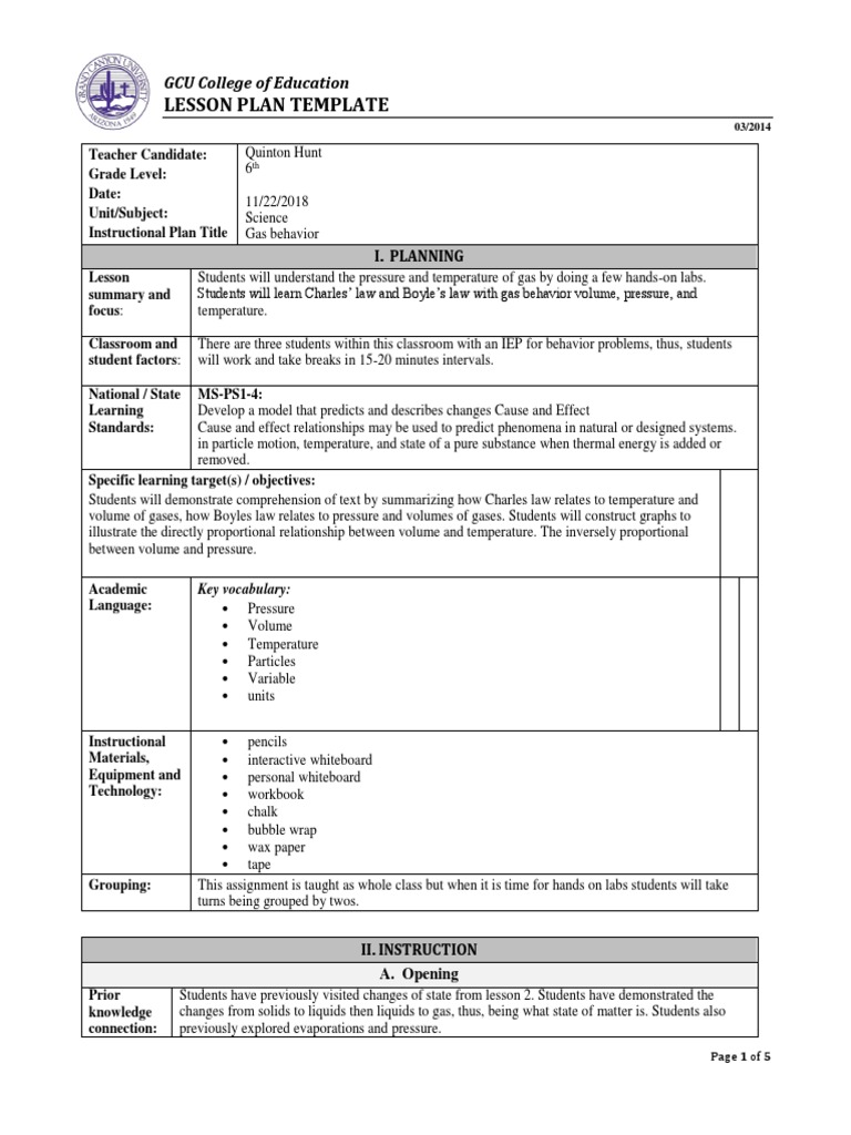 Lesson Plan Template: GCU College of Education | PDF | Gases | Temperature