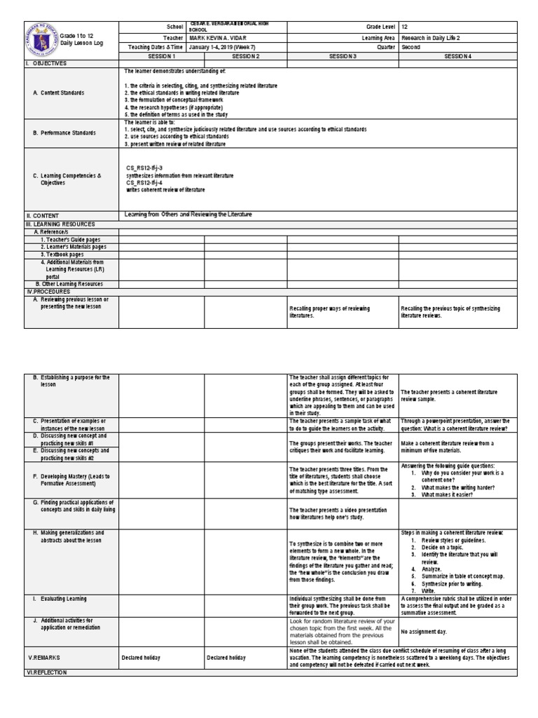 Grade 1 To 12 Daily Lesson Log Session 1 Session 2 Session 3 Session 4