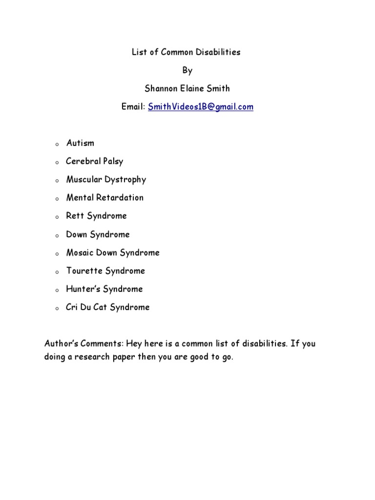 List of Common Disabilities ! | PDF | Psychiatry | Neurology