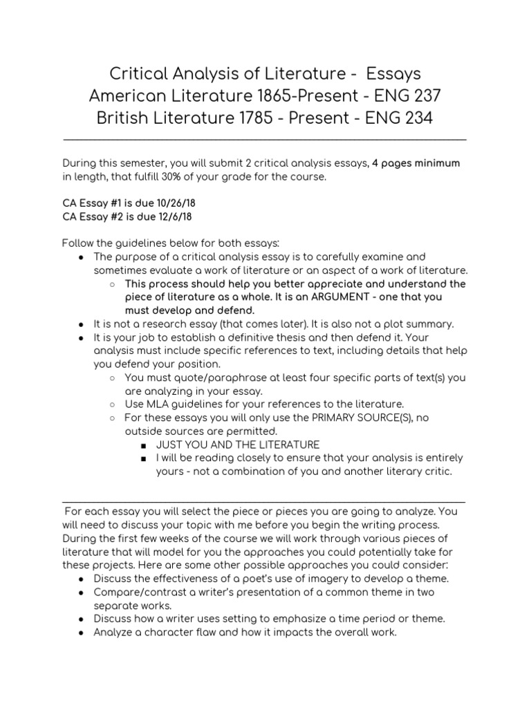 Am BR Lit - Critical Analysis of Literature - Essays | PDF | Essays ...