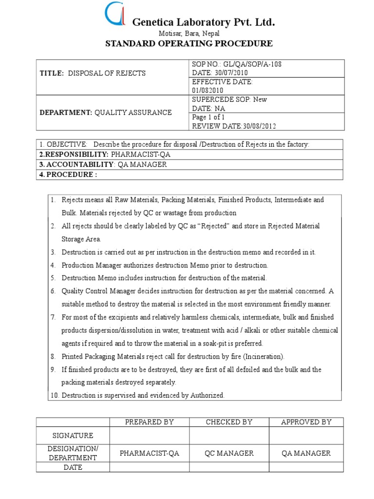 Genetica Laboratory Pvt. LTD: Standard Operating Procedure | PDF ...