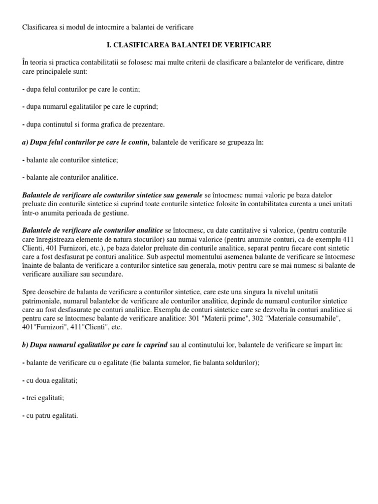 Clasificarea Si Modul de Intocmire A Balantei de Verificare | PDF
