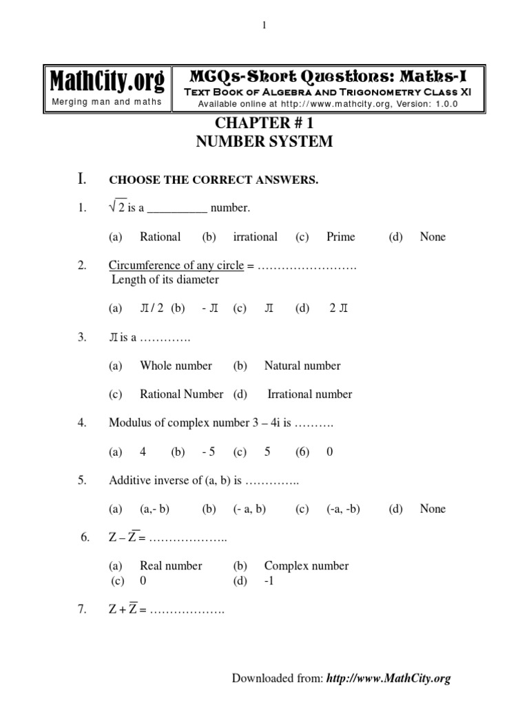 MCQs-Short Questions Math FSC Part1 PDF | PDF