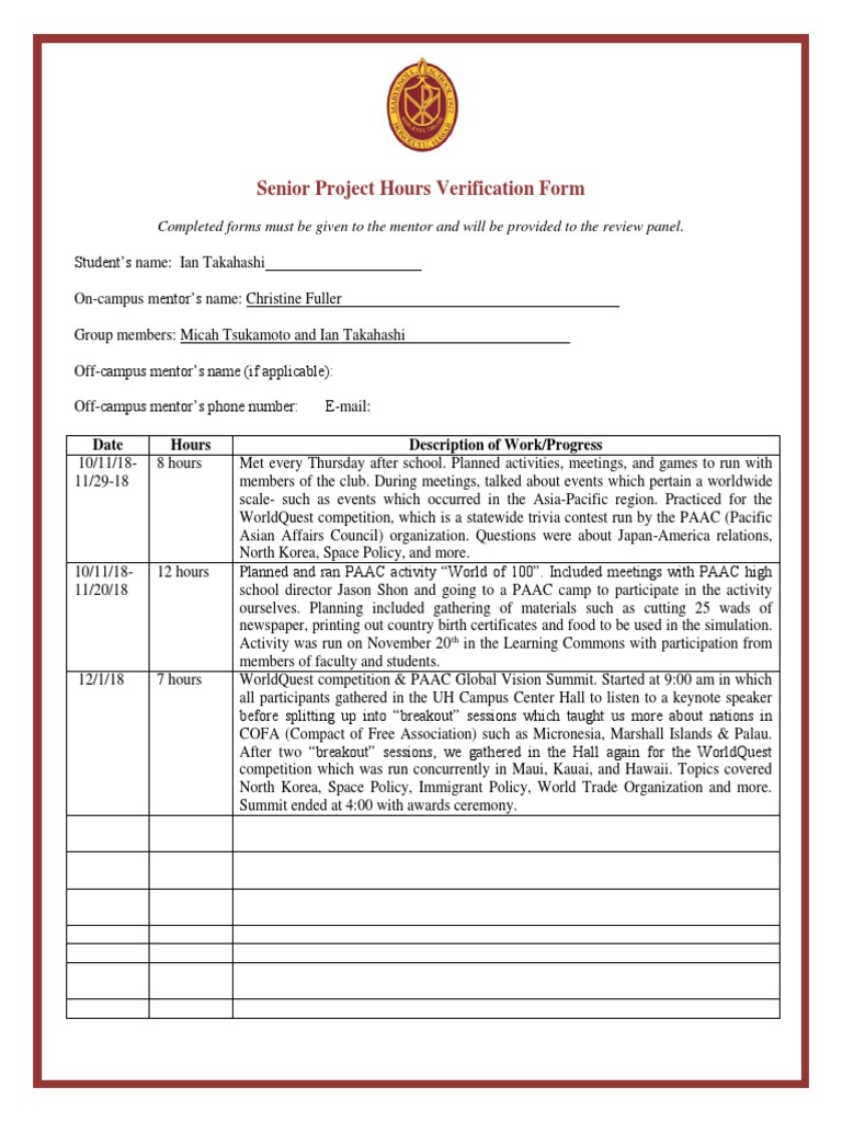 Senior Project Hours Verification Form | PDF