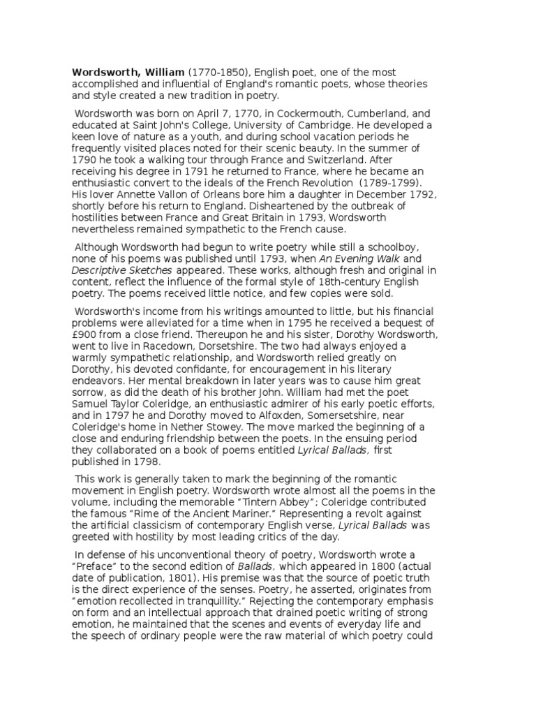 Wordsworth, William (1770-1850), English Poet, One of The Most | PDF ...