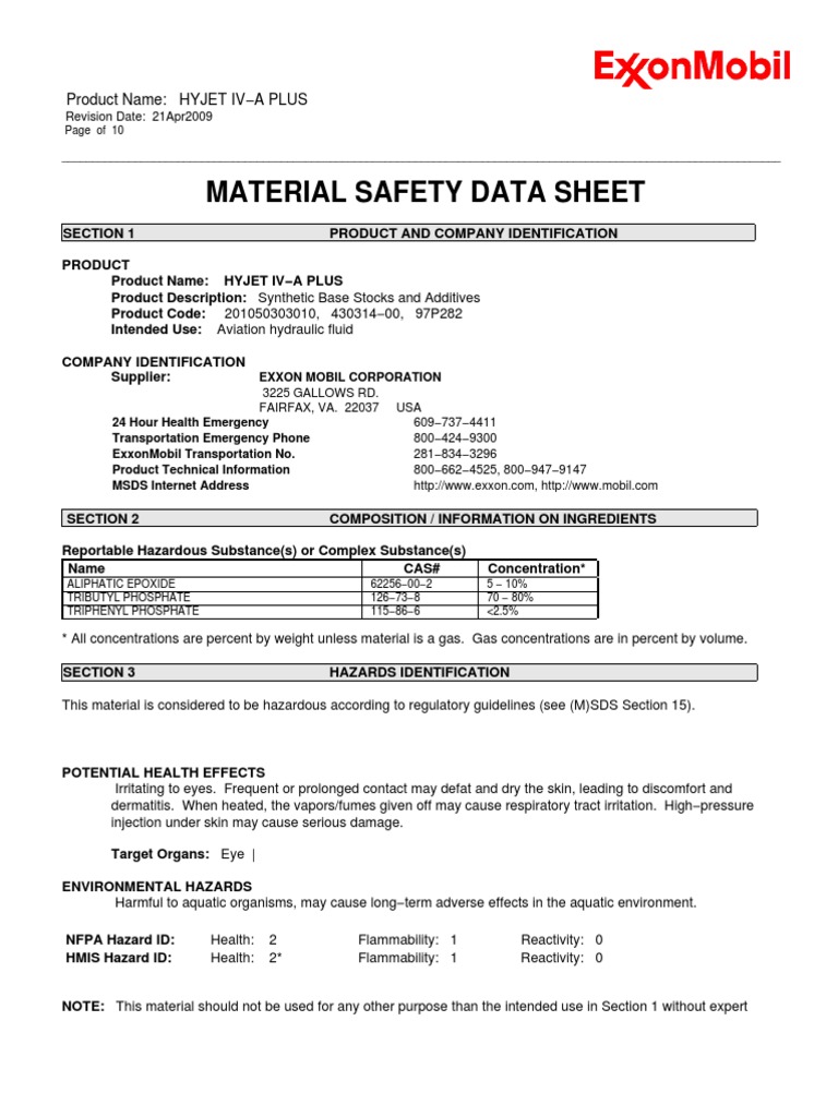 Material Safety Data Sheet: Product Name: HYJET IV A PLUS | PDF ...