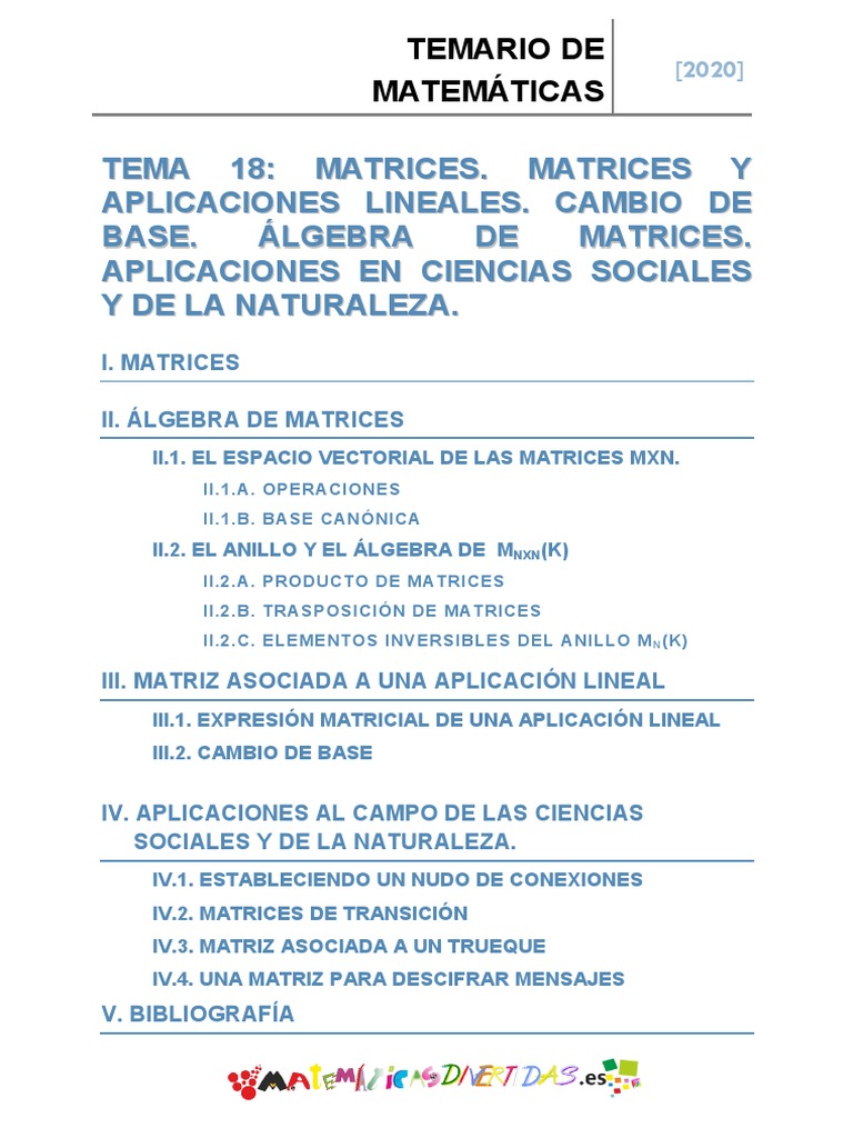 Tema 18 Matrices. Matrices y Aplicaciones Lineales. Cambio de Base. Algebra de Matrices | PDF ...