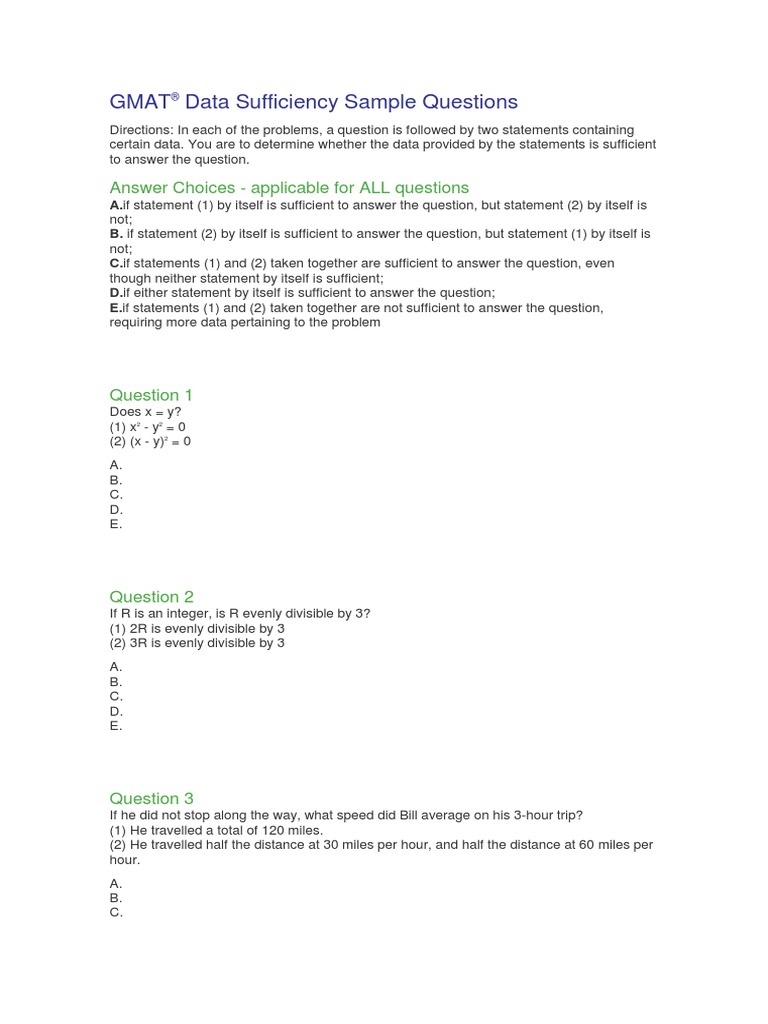 Gmat Data Sufficiency Sample Questions: Answer Choices - Applicable For ...