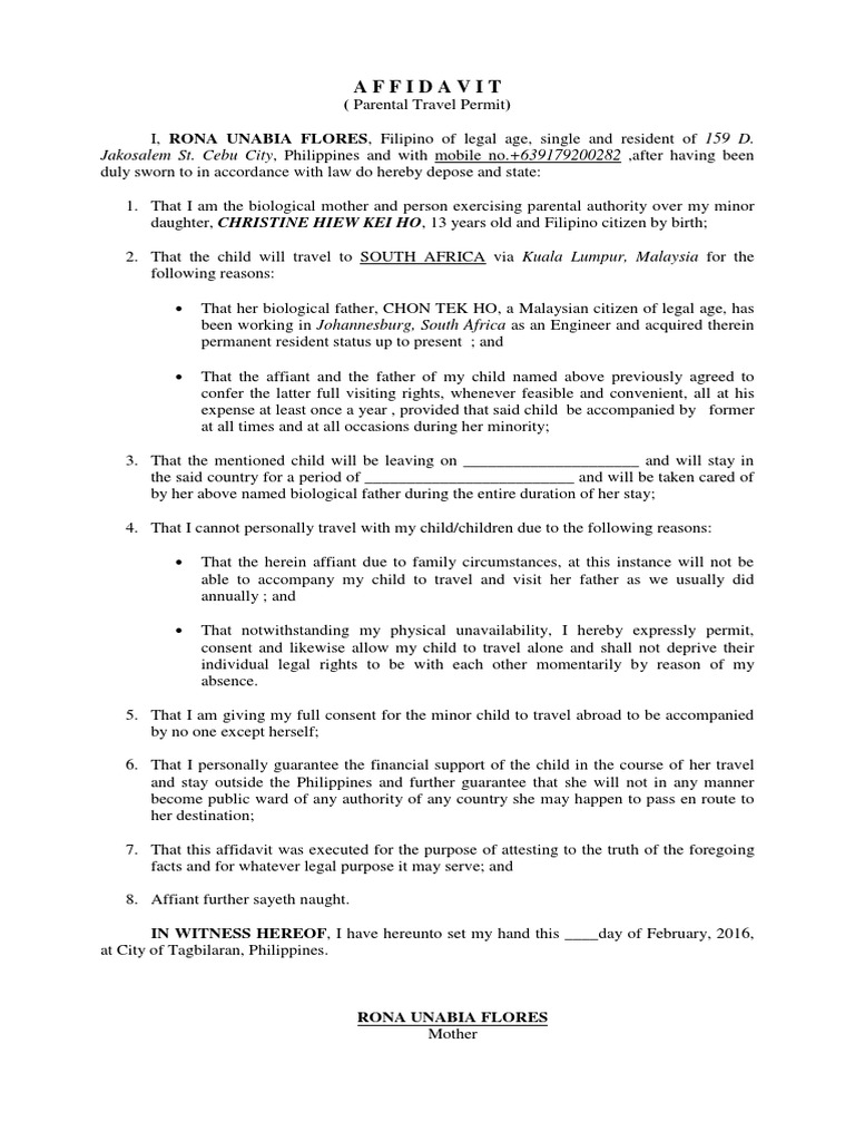 Parental Travel Permit Affidavit | PDF | Affidavit | International Law