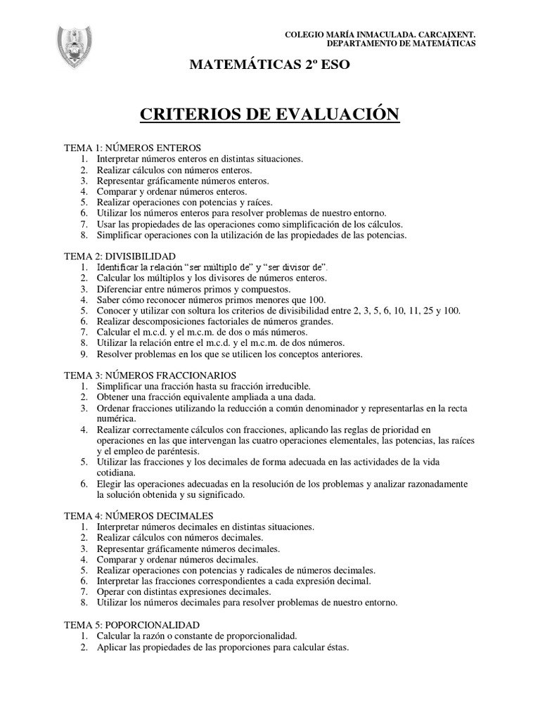 Criterios - Evaluacion de Matematica | Descargar gratis PDF | Ecuaciones | Fracción (Matemáticas)