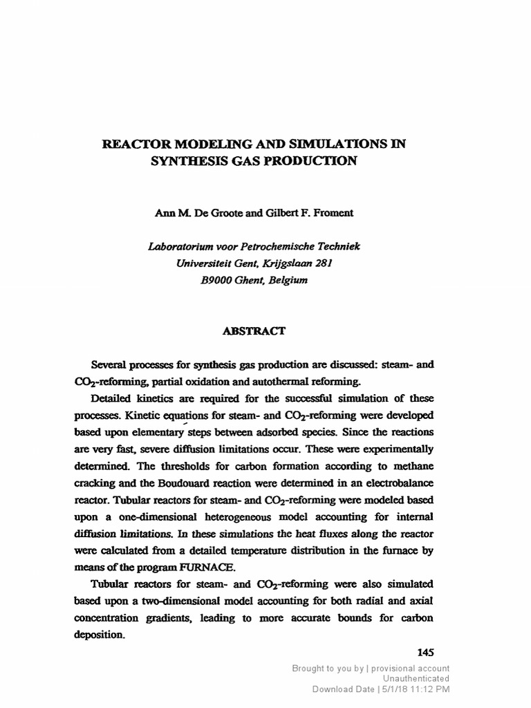 Reactor Modeling and Simulations in Synthesis Gas Production | PDF ...