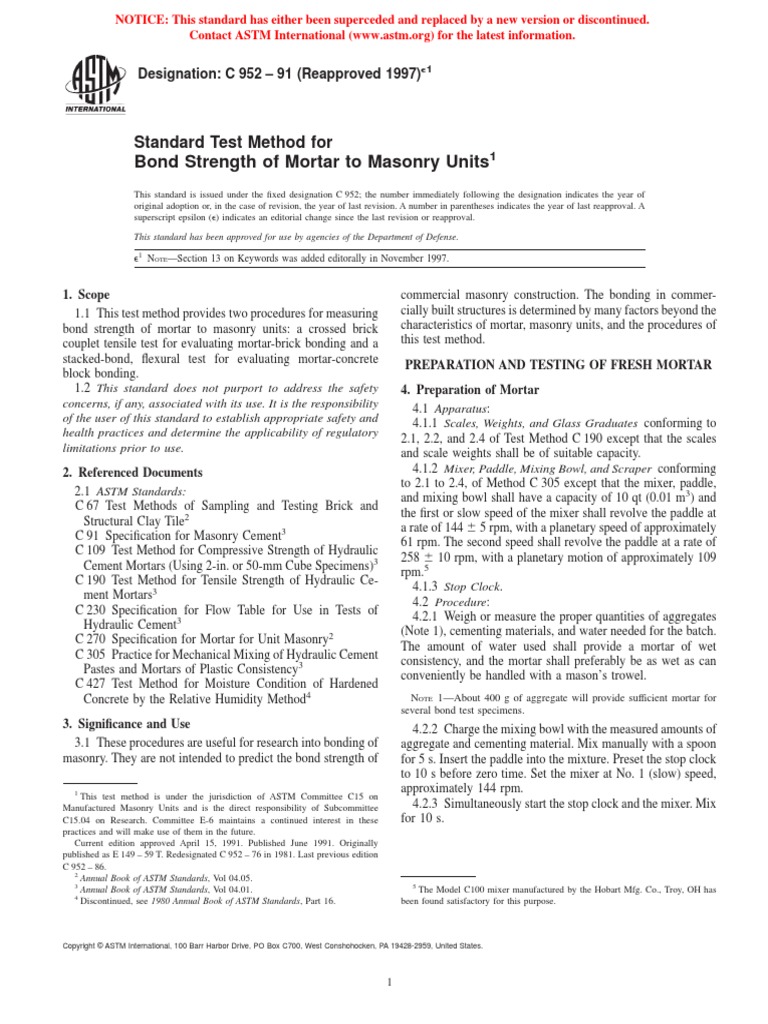 Bond Strength of Mortar To Masonry Units: Standard Test Method For ...